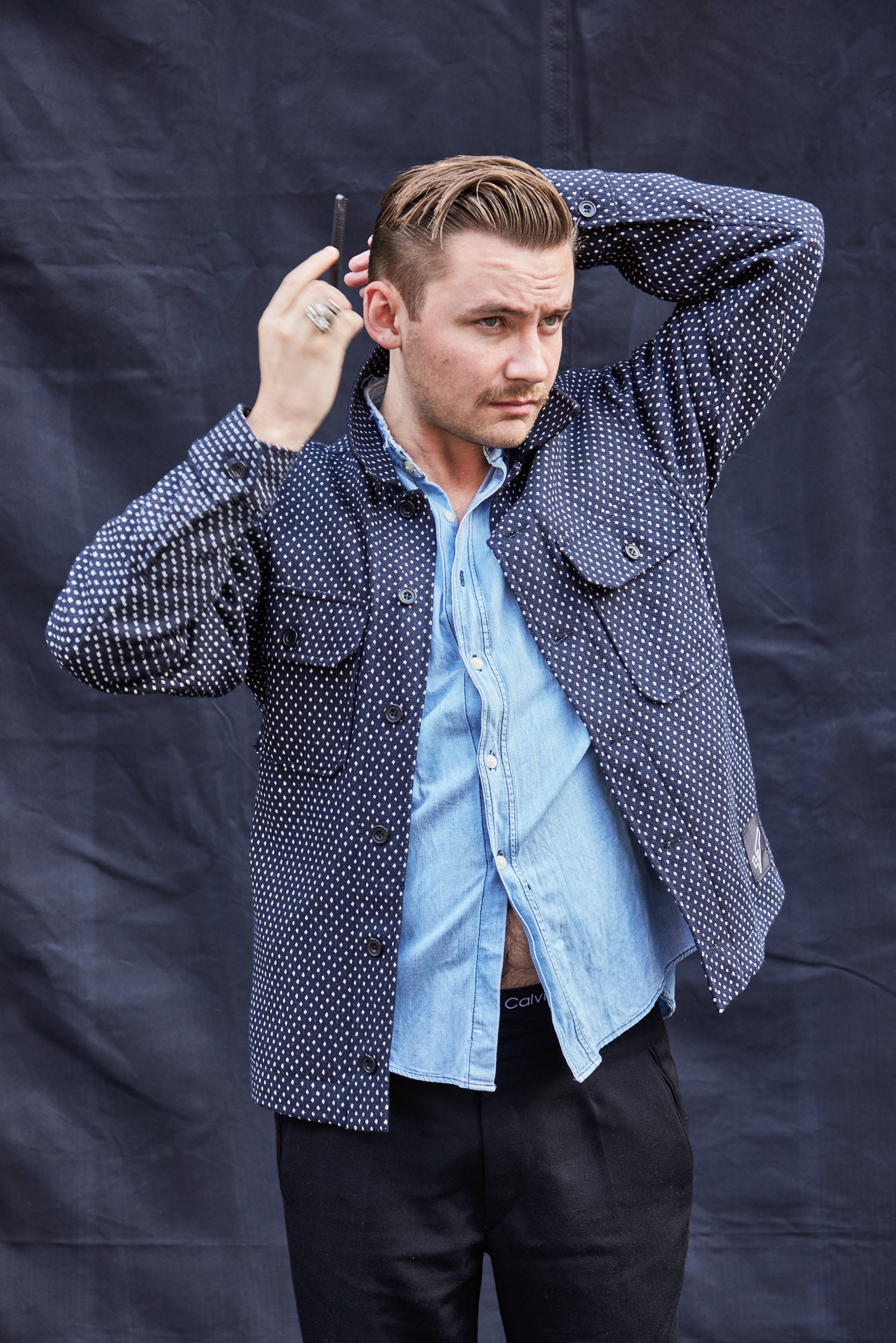 Mens Wool Workshirt in Navy Polka Dot – Stuart Trevor