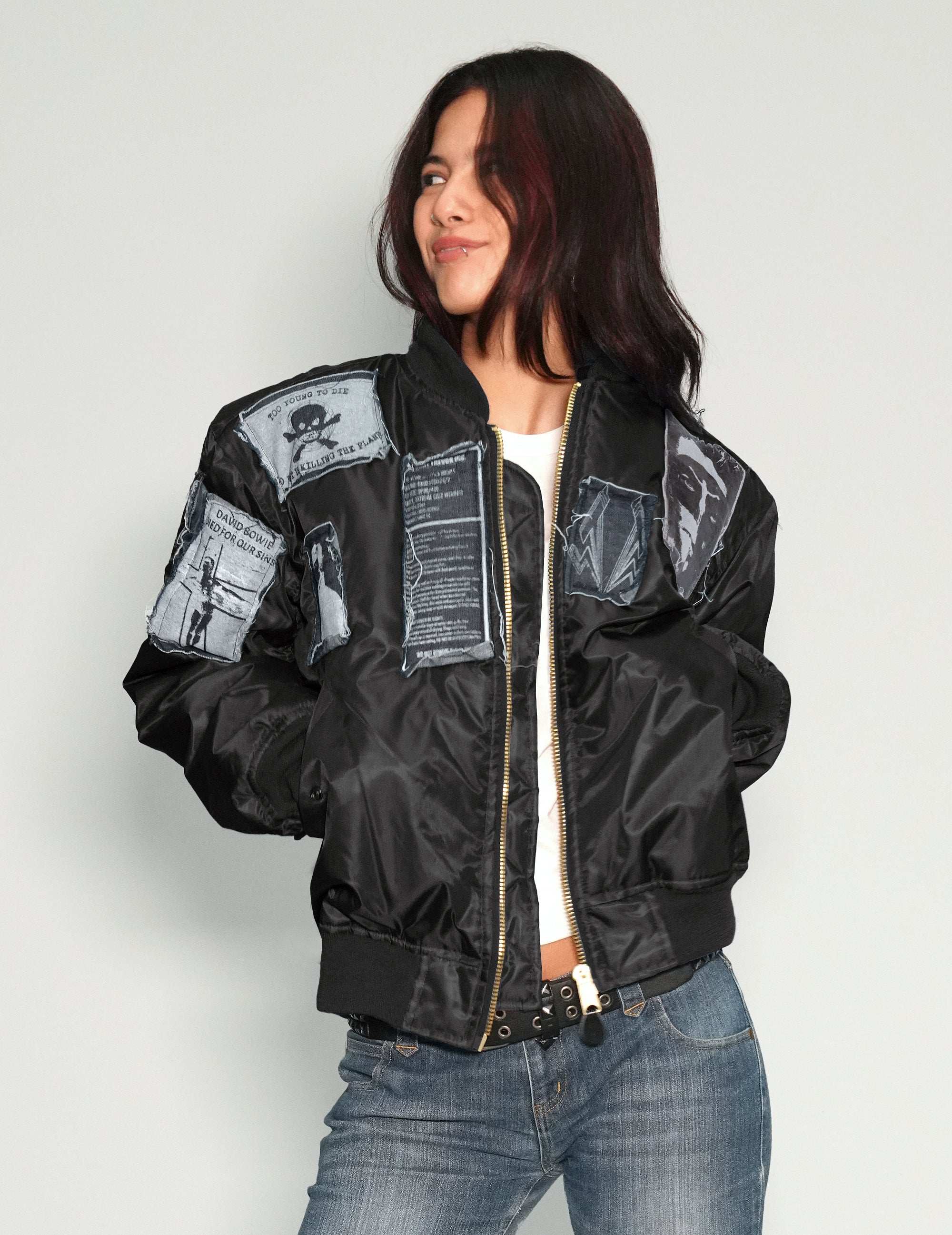 Womens Patched Bomber Jacket in Black – Stuart Trevor